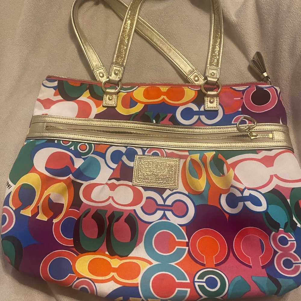 Coach Multi Colored Tote. Gold Handle. 8” Drop - Gem